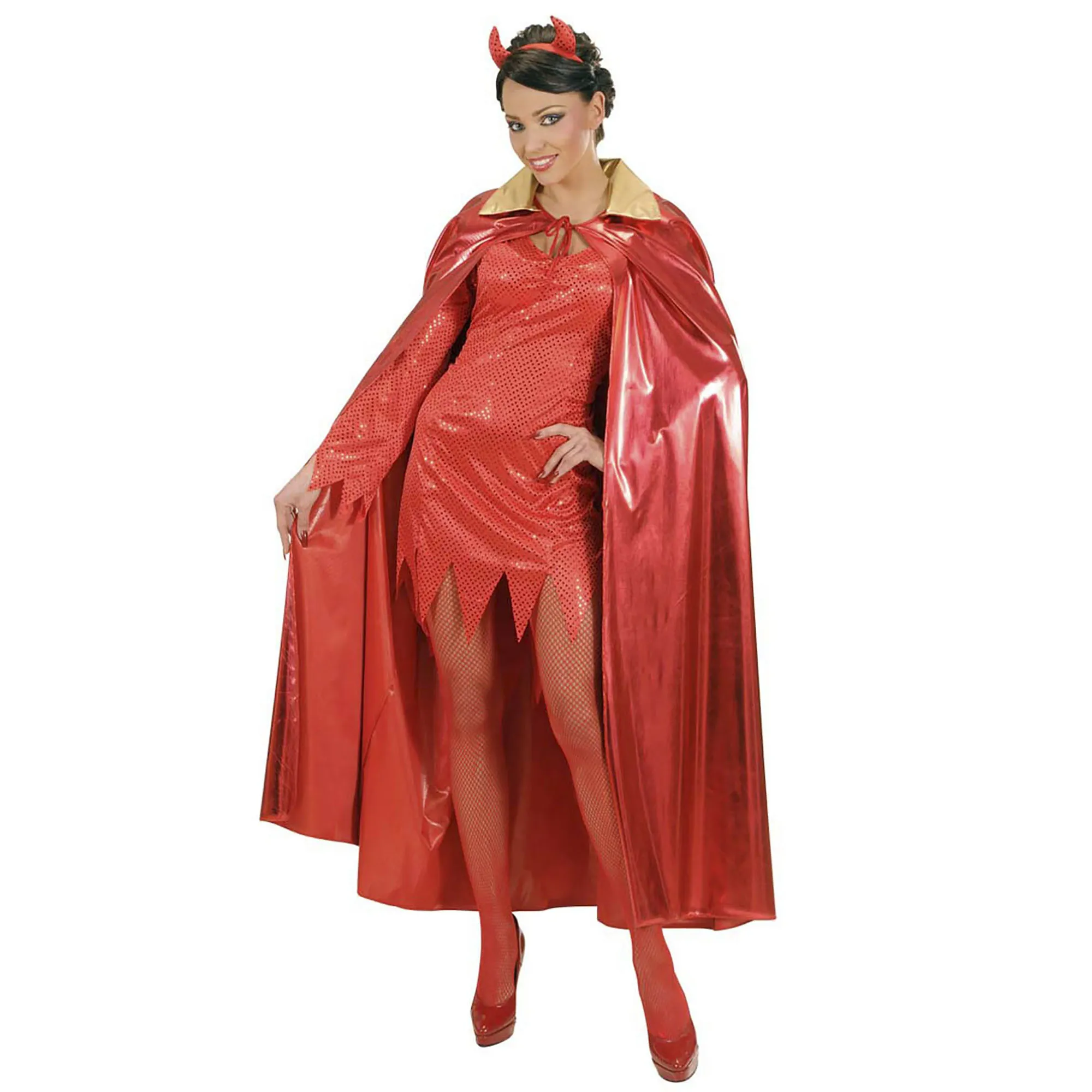 Ruige metalic rode cape met gouden kraag 138cm